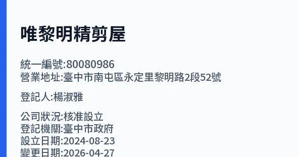 唯黎明精剪屋的照片-統編 80080986(臺中市) 公司登記資料與營業項目詳細圖表