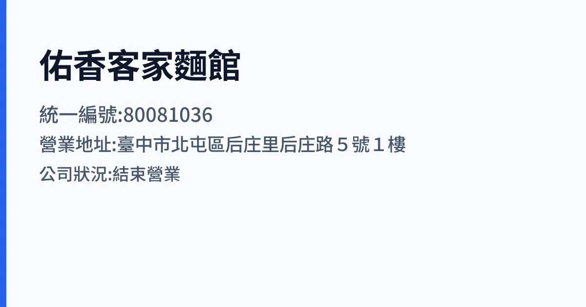 佑香客家麵館 - 統編 80081036(臺中市) 公司登記資料與營業項目詳細圖表