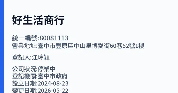 好生活商行的照片-統編 80081113(臺中市) 公司登記資料與營業項目詳細圖表
