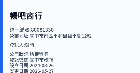 暢吧商行的照片-統編 80081330(臺中市) 公司登記資料與營業項目詳細圖表