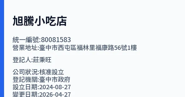 旭騰小吃店的照片-統編 80081583(臺中市) 公司登記資料與營業項目詳細圖表