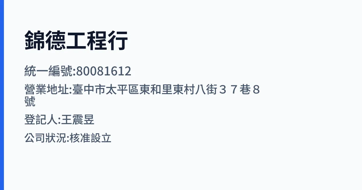 錦德工程行 - 統編 80081612(臺中市) 公司登記資料與營業項目詳細圖表