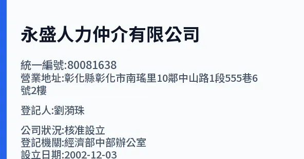 永盛人力仲介有限公司的照片-統編 80081638(彰化縣) 公司登記資料與營業項目詳細圖表