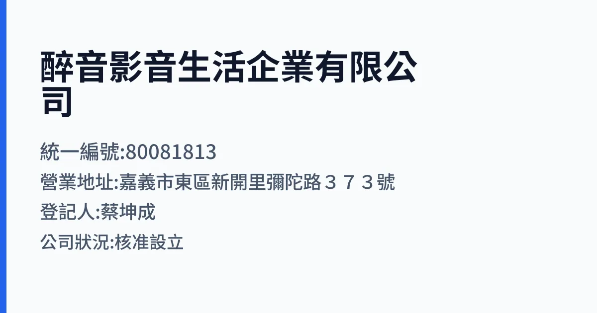 醉音影音生活企業有限公司 - 統編 80081813(嘉義市) 公司登記資料與營業項目詳細圖表