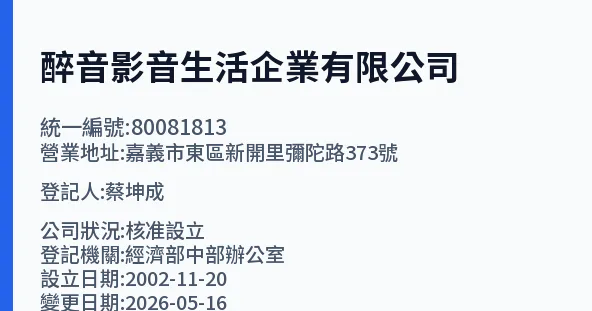 醉音影音生活企業有限公司的照片-統編 80081813(嘉義市) 公司登記資料與營業項目詳細圖表