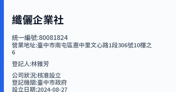 纖儷企業社的照片-統編 80081824(臺中市) 公司登記資料與營業項目詳細圖表