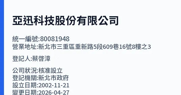 亞迅科技股份有限公司的照片-統編 80081948(新北市) 公司登記資料與營業項目詳細圖表