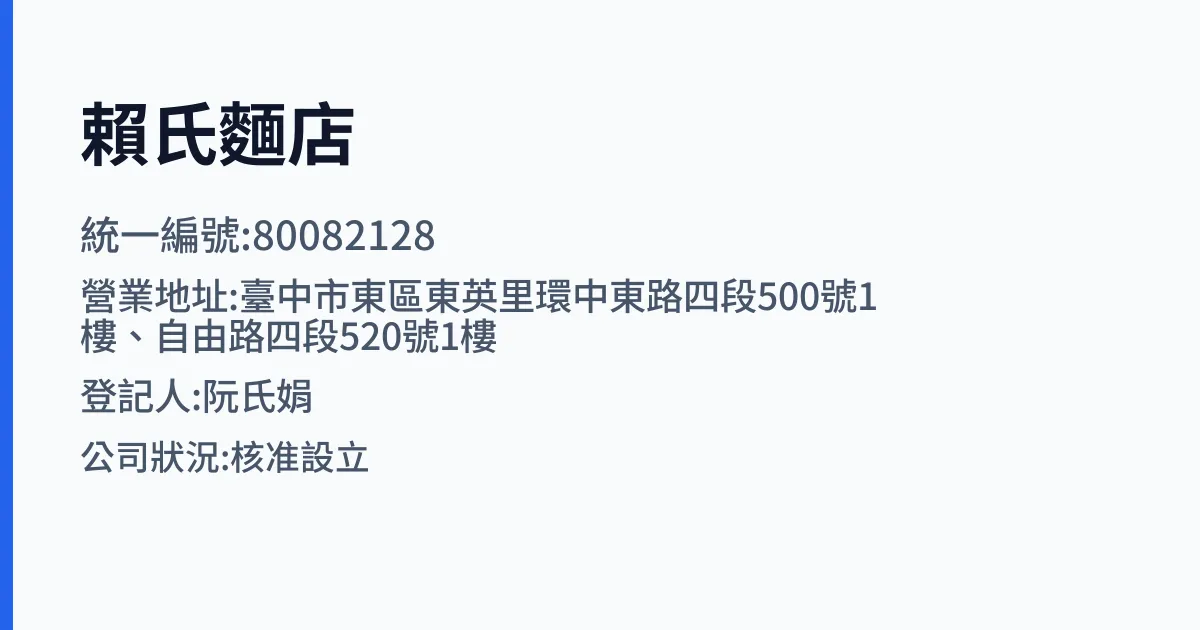 賴氏麵店 - 統編 80082128(臺中市) 公司登記資料與營業項目詳細圖表