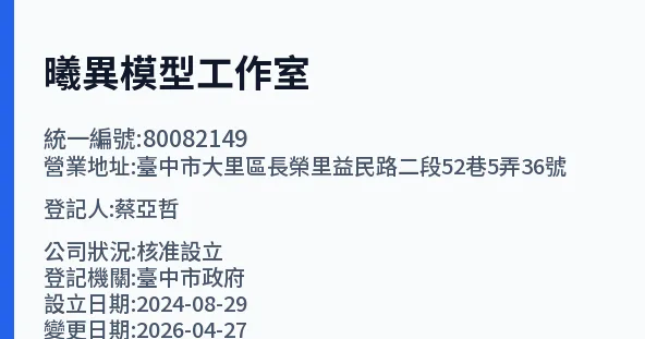 曦異模型工作室的照片-統編 80082149(臺中市) 公司登記資料與營業項目詳細圖表