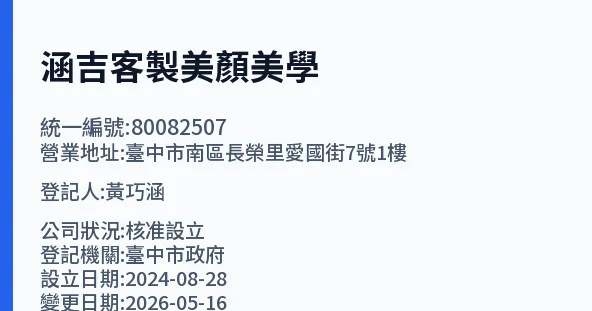 涵吉客製美顏美學的照片-統編 80082507(臺中市) 公司登記資料與營業項目詳細圖表