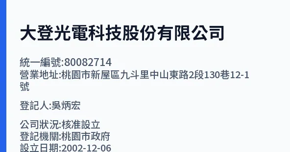 大登光電科技股份有限公司的照片-統編 80082714(桃園市) 公司登記資料與營業項目詳細圖表