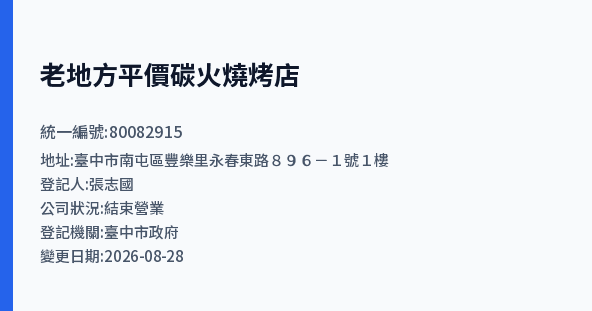 老地方平價碳火燒烤店的照片-統編 80082915(臺中市) 公司登記資料與營業項目詳細圖表