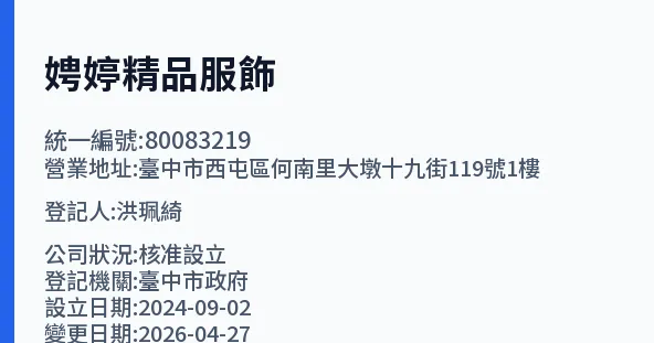 娉婷精品服飾的照片-統編 80083219(臺中市) 公司登記資料與營業項目詳細圖表