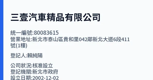 三壹汽車精品有限公司的照片-統編 80083615(新北市) 公司登記資料與營業項目詳細圖表