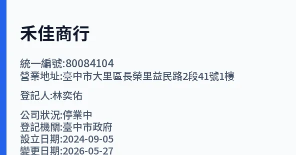 禾佳商行的照片-統編 80084104(臺中市) 公司登記資料與營業項目詳細圖表
