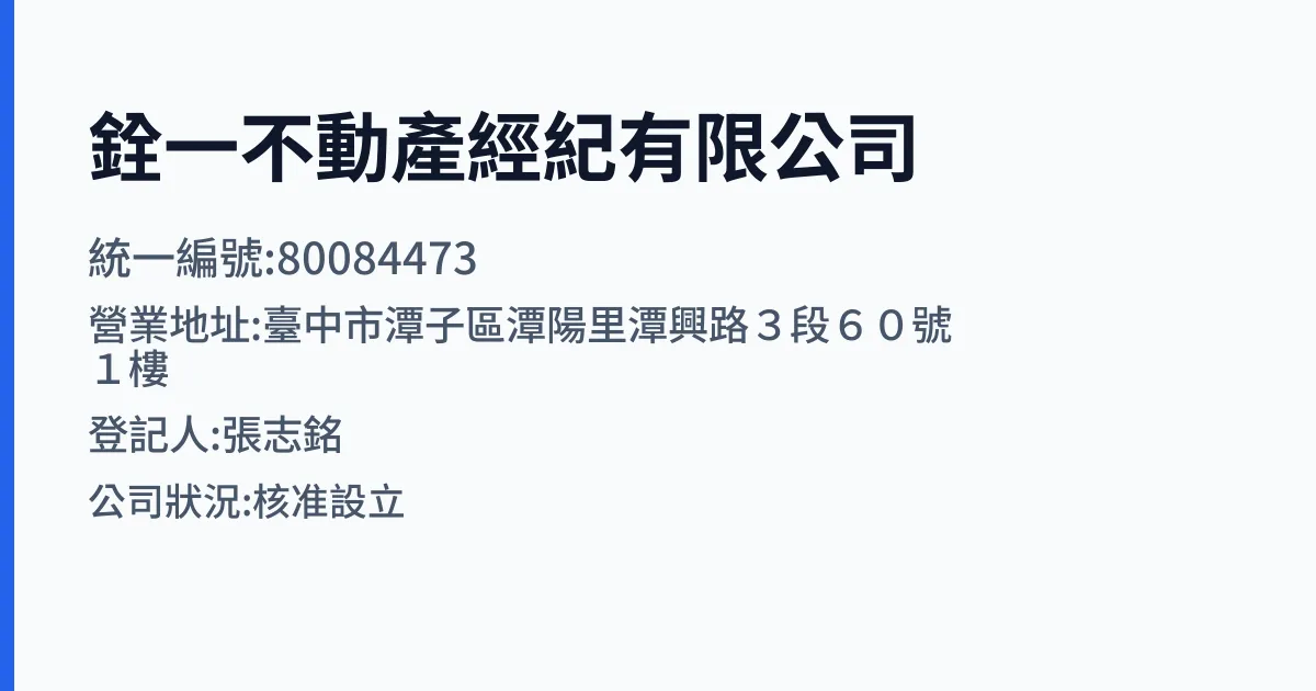 銓一不動產經紀有限公司 - 統編 80084473(臺中市) 公司登記資料與營業項目詳細圖表