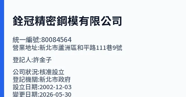 銓冠精密鋼模有限公司的照片-統編 80084564(新北市) 公司登記資料與營業項目詳細圖表