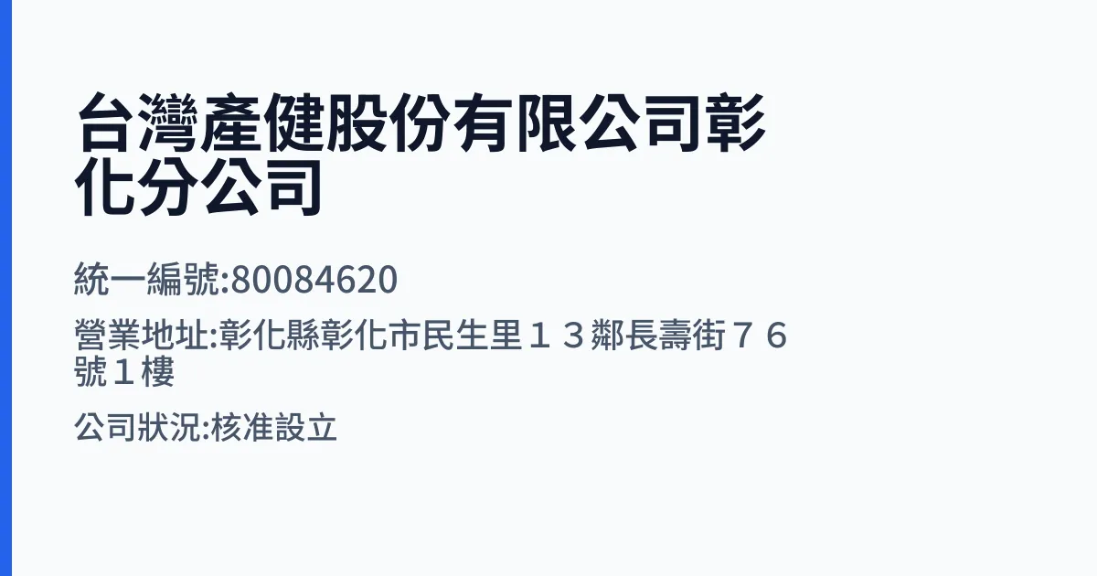 台灣產健股份有限公司彰化分公司 - 統編 80084620(彰化縣) 公司登記資料與營業項目詳細圖表