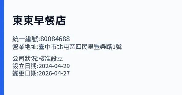 東東早餐店的照片-統編 80084688(臺中市) 公司登記資料與營業項目詳細圖表