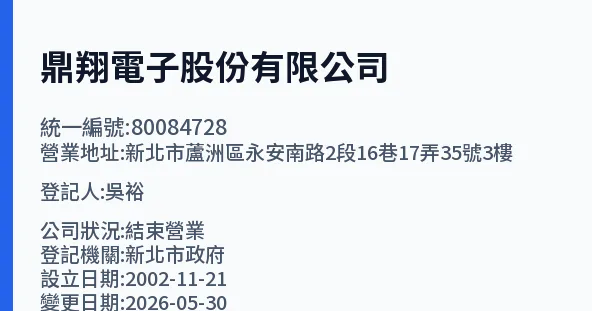 鼎翔電子股份有限公司的照片-統編 80084728(新北市) 公司登記資料與營業項目詳細圖表