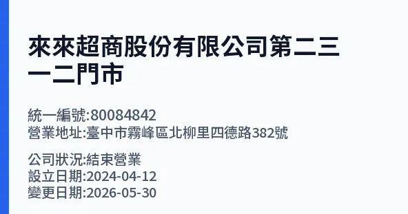 來來超商股份有限公司第二三一二門市的照片-統編 80084842(臺中市) 公司登記資料與營業項目詳細圖表