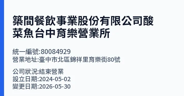 築間餐飲事業股份有限公司酸菜魚台中育樂營業所的照片-統編 80084929(臺中市) 公司登記資料與營業項目詳細圖表