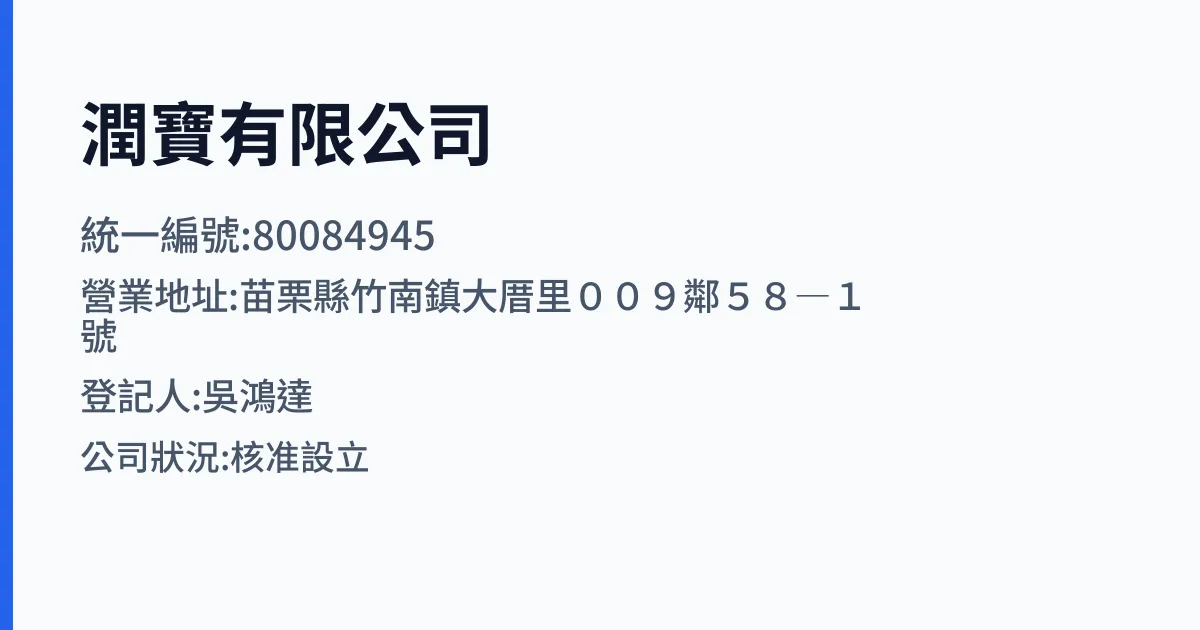 潤寶有限公司 - 統編 80084945(苗栗縣) 公司登記資料與營業項目詳細圖表