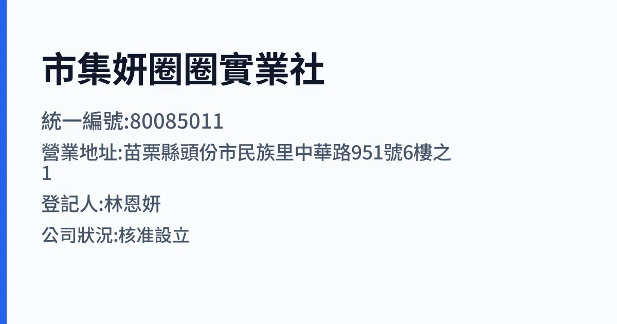 市集妍圈圈實業社 - 統編 80085011(苗栗縣) 公司登記資料與營業項目詳細圖表