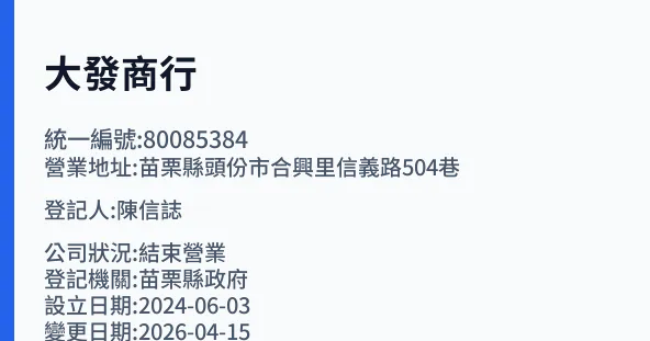 大發商行的照片-統編 80085384(苗栗縣) 公司登記資料與營業項目詳細圖表