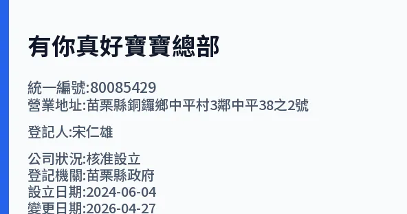 有你真好寶寶總部的照片-統編 80085429(苗栗縣) 公司登記資料與營業項目詳細圖表