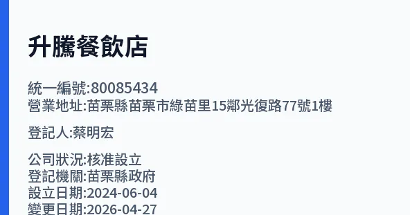 升騰餐飲店的照片-統編 80085434(苗栗縣) 公司登記資料與營業項目詳細圖表