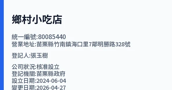 鄉村小吃店的照片-統編 80085440(苗栗縣) 公司登記資料與營業項目詳細圖表