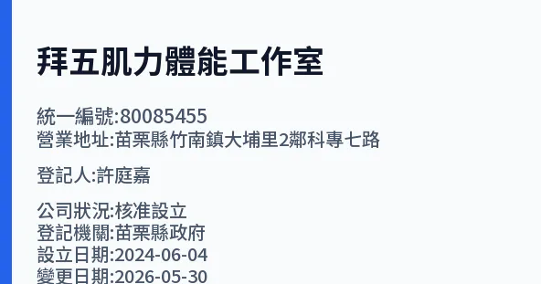 拜五肌力體能工作室的照片-統編 80085455(苗栗縣) 公司登記資料與營業項目詳細圖表