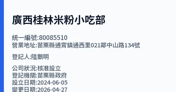 廣西桂林米粉小吃部的照片-統編 80085510(苗栗縣) 公司登記資料與營業項目詳細圖表