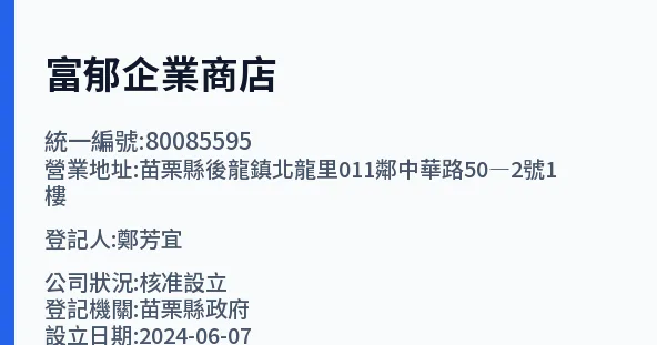 富郁企業商店的照片-統編 80085595(苗栗縣) 公司登記資料與營業項目詳細圖表