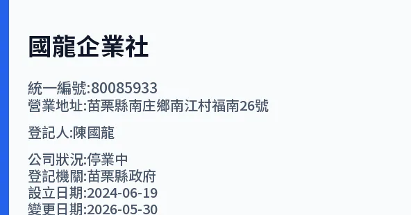 國龍企業社的照片-統編 80085933(苗栗縣) 公司登記資料與營業項目詳細圖表