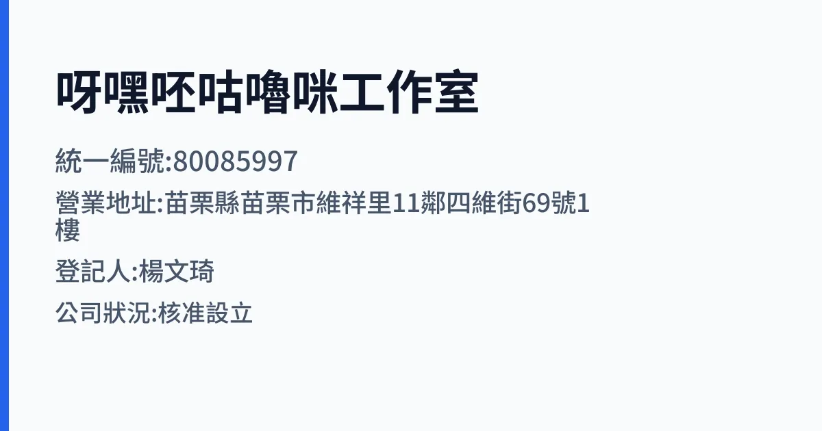 呀嘿呸咕嚕咪工作室 - 統編 80085997（苗栗縣） 公司登記資料與營業項目詳細圖表