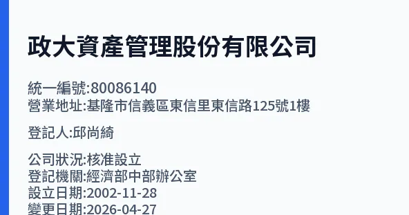政大資產管理股份有限公司的照片-統編 80086140(基隆市) 公司登記資料與營業項目詳細圖表