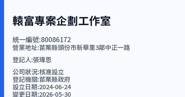 轅富專案企劃工作室的照片-統編 80086172(苗栗縣) 公司登記資料與營業項目詳細圖表