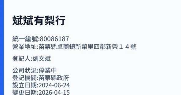 斌斌有梨行的照片-統編 80086187(苗栗縣) 公司登記資料與營業項目詳細圖表