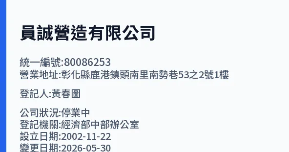 員誠營造有限公司的照片-統編 80086253(彰化縣) 公司登記資料與營業項目詳細圖表