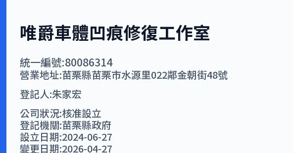 唯爵車體凹痕修復工作室的照片-統編 80086314(苗栗縣) 公司登記資料與營業項目詳細圖表