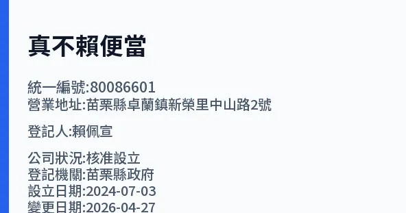 真不賴便當的照片-統編 80086601(苗栗縣) 公司登記資料與營業項目詳細圖表
