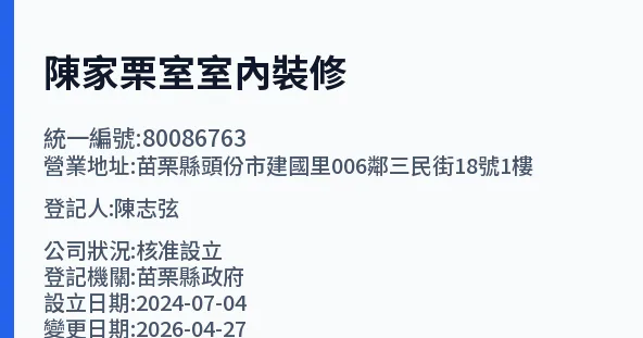 陳家栗室室內裝修的照片-統編 80086763(苗栗縣) 公司登記資料與營業項目詳細圖表