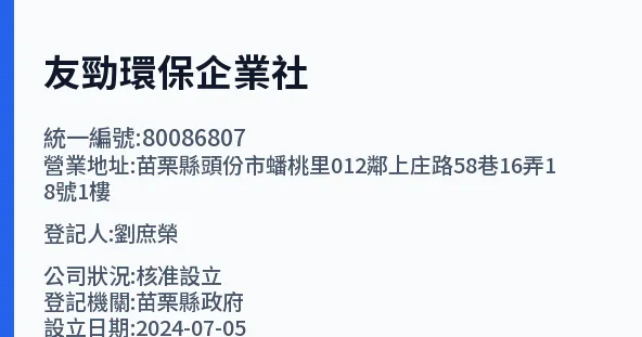 友勁環保企業社的照片-統編 80086807(苗栗縣) 公司登記資料與營業項目詳細圖表