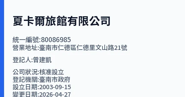 夏卡爾旅館有限公司的照片-統編 80086985(臺南市) 公司登記資料與營業項目詳細圖表