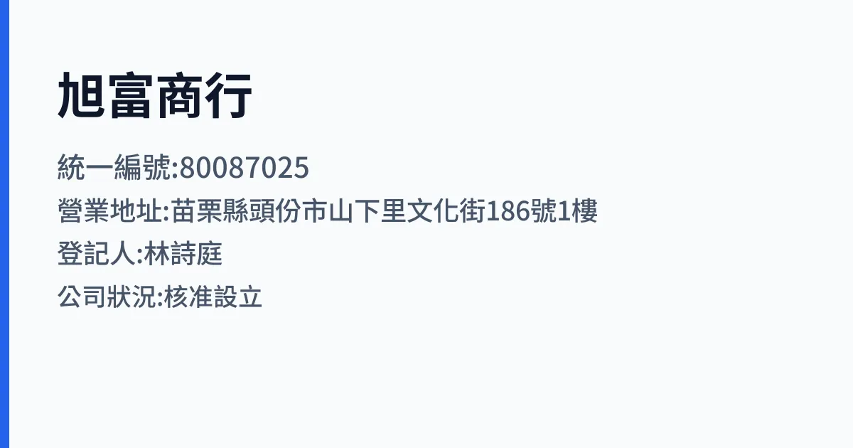 旭富商行 - 統編 80087025(苗栗縣) 公司登記資料與營業項目詳細圖表