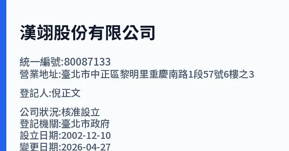 漢翊股份有限公司的照片-統編 80087133(臺北市) 公司登記資料與營業項目詳細圖表