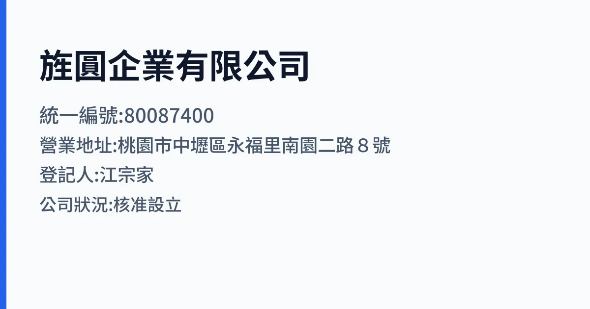旌圓企業有限公司 - 統編 80087400(桃園市) 公司登記資料與營業項目詳細圖表