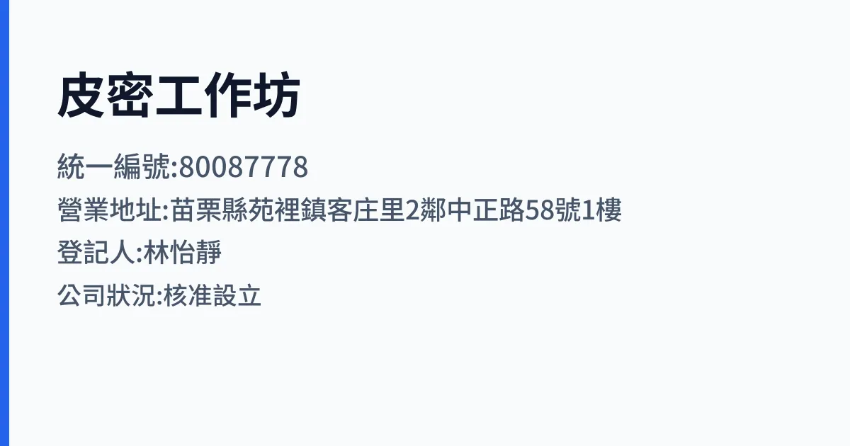 皮密工作坊 - 統編 80087778(苗栗縣) 公司登記資料與營業項目詳細圖表